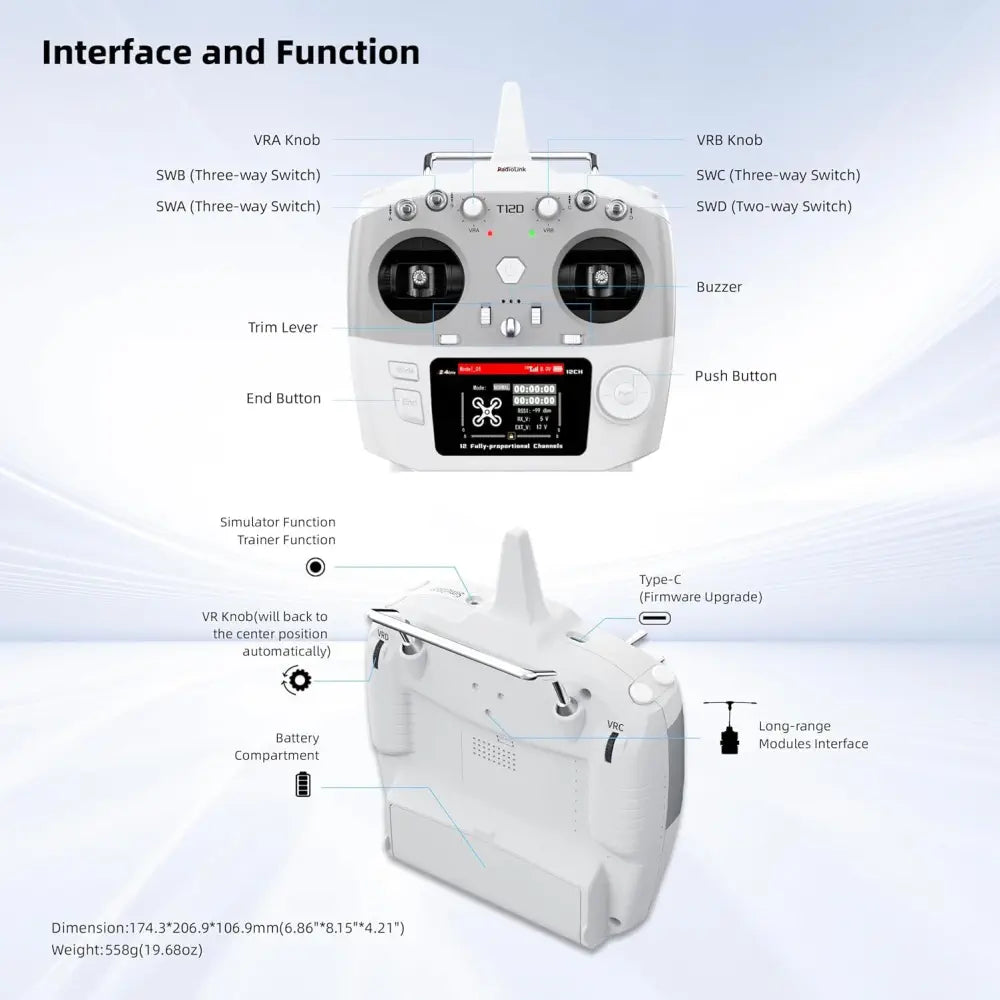 RadioLink T12D 12CH 2.4GHz Transmitter w/ R12F Receiver Long Range 800m ...